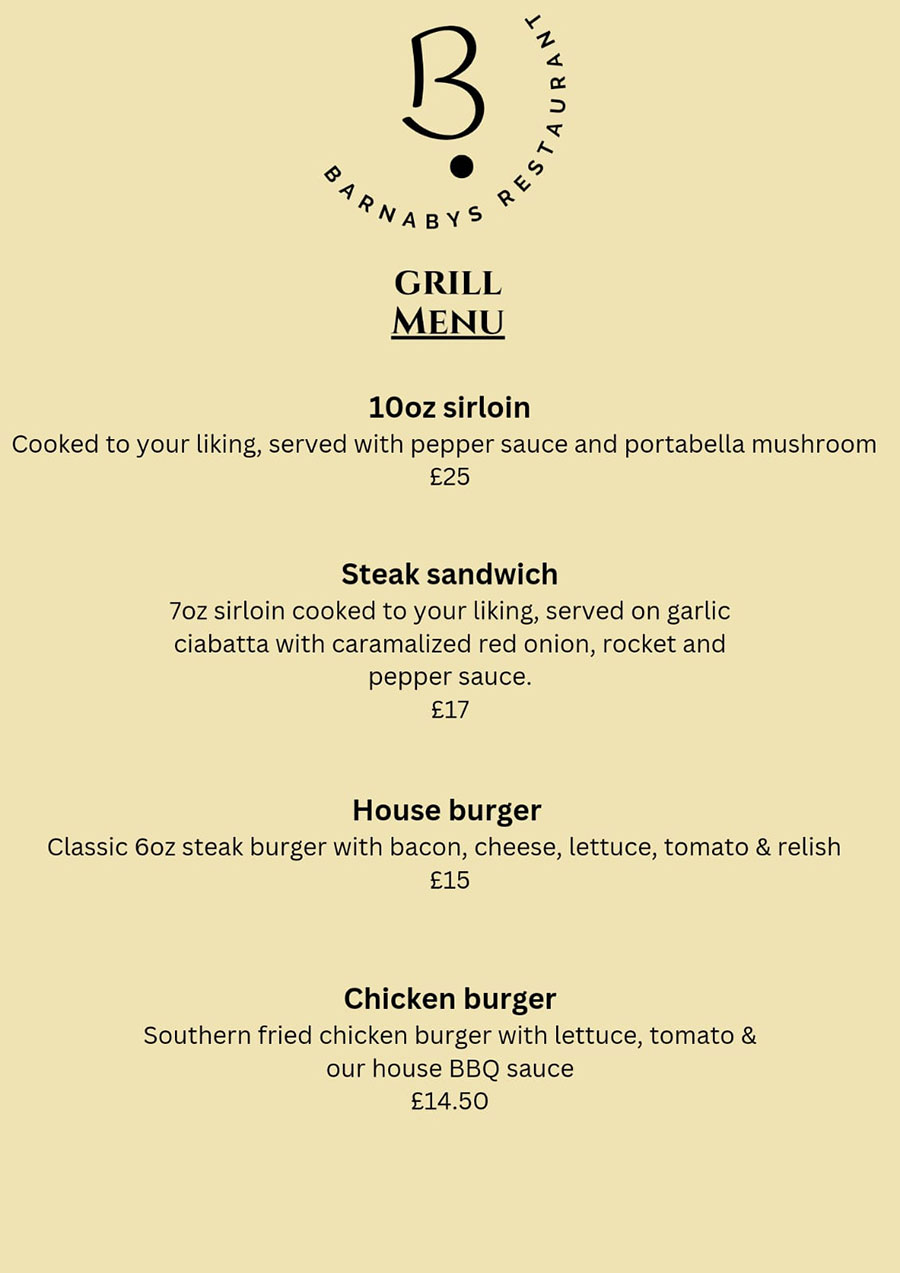 Barnabys Main Menu - Barnabys Restaurant