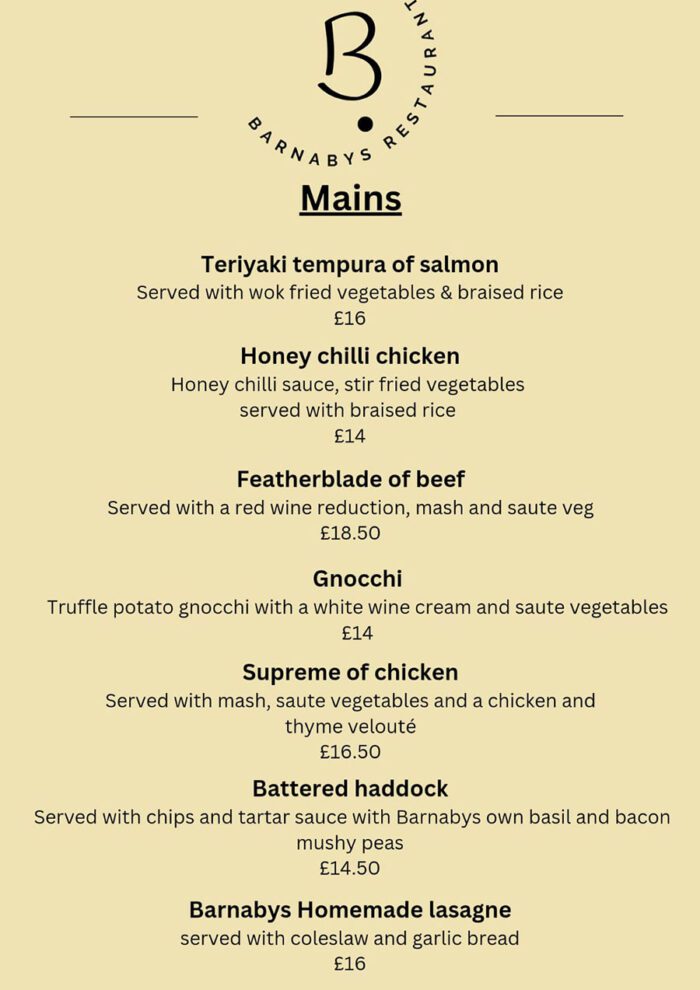 Barnabys Main Menu - Barnabys Restaurant