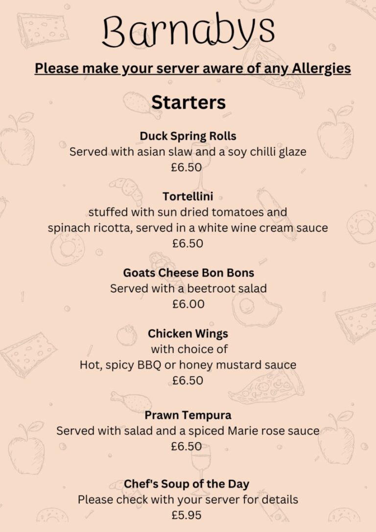 Barnabys Starter Menu - Barnabys Restaurant